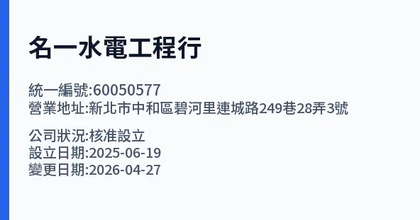 名一水電工程行的照片-統編 60050577(新北市) 公司登記資料與營業項目詳細圖表
