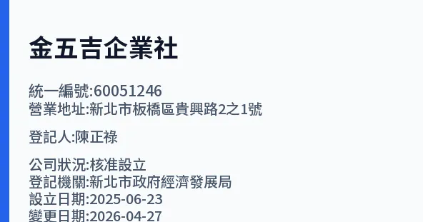 金五吉企業社的照片-統編 60051246(新北市) 公司登記資料與營業項目詳細圖表