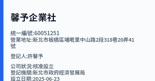 馨予企業社的照片-統編 60051251(新北市) 公司登記資料與營業項目詳細圖表