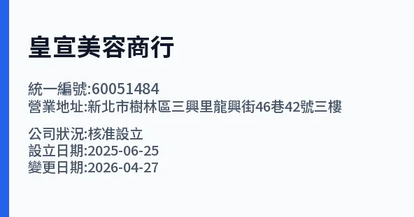 皇宣美容商行的照片-統編 60051484(新北市) 公司登記資料與營業項目詳細圖表