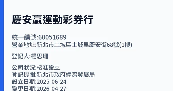 慶安贏運動彩券行的照片-統編 60051689(新北市) 公司登記資料與營業項目詳細圖表