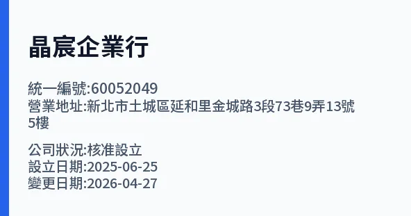 晶宸企業行的照片-統編 60052049(新北市) 公司登記資料與營業項目詳細圖表