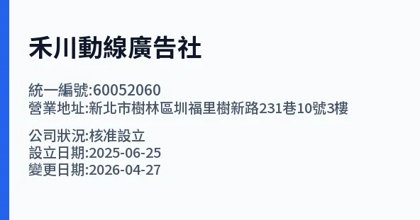 禾川動線廣告社的照片-統編 60052060(新北市) 公司登記資料與營業項目詳細圖表