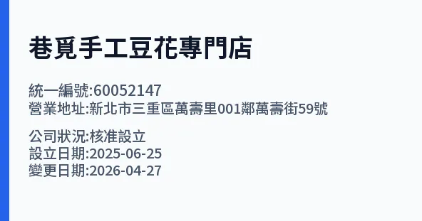 巷覓手工豆花專門店的照片-統編 60052147(新北市) 公司登記資料與營業項目詳細圖表
