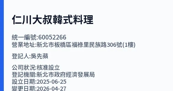 仁川大叔韓式料理的照片-統編 60052266(新北市) 公司登記資料與營業項目詳細圖表