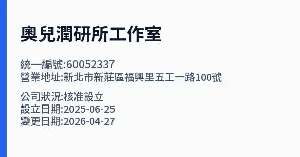 奧兒潤研所工作室的照片-統編 60052337(新北市) 公司登記資料與營業項目詳細圖表