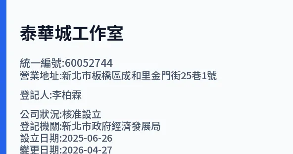 泰華城工作室的照片-統編 60052744(新北市) 公司登記資料與營業項目詳細圖表
