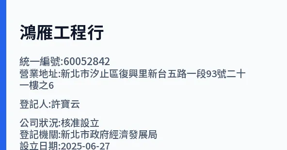 鴻雁工程行的照片-統編 60052842(新北市) 公司登記資料與營業項目詳細圖表