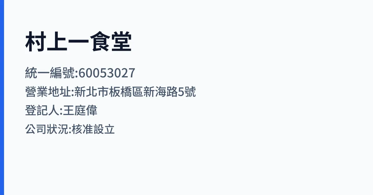 村上一食堂 - 統編 60053027(新北市) 公司登記資料與營業項目詳細圖表