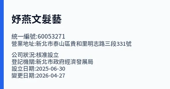 妤燕文髮藝的照片-統編 60053271(新北市) 公司登記資料與營業項目詳細圖表