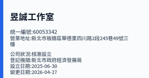 昱誠工作室的照片-統編 60053342(新北市) 公司登記資料與營業項目詳細圖表