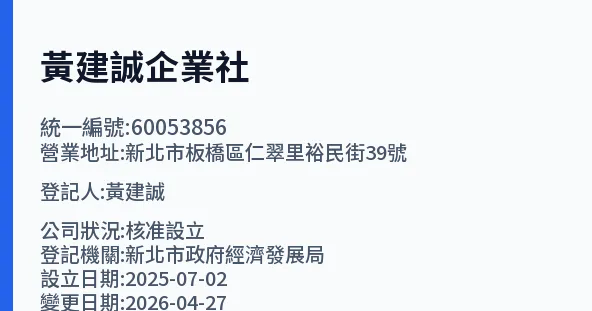 黃建誠企業社的照片-統編 60053856(新北市) 公司登記資料與營業項目詳細圖表
