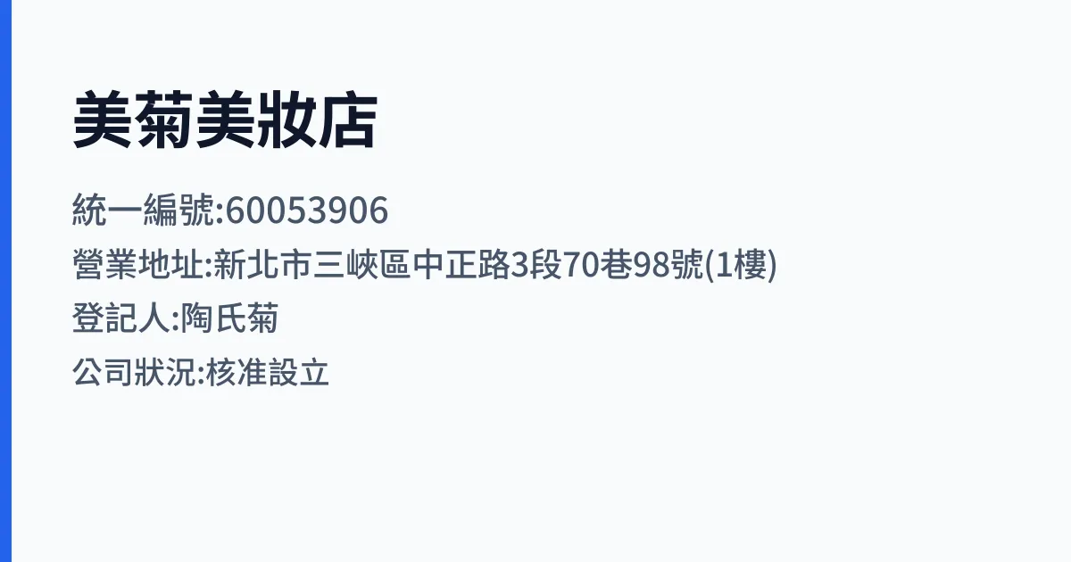 美菊美妝店 - 統編 60053906(新北市) 公司登記資料與營業項目詳細圖表
