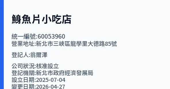 鯓魚片小吃店的照片-統編 60053960(新北市) 公司登記資料與營業項目詳細圖表