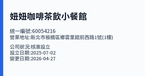 妞妞咖啡茶飲小餐館的照片-統編 60054216(新北市) 公司登記資料與營業項目詳細圖表