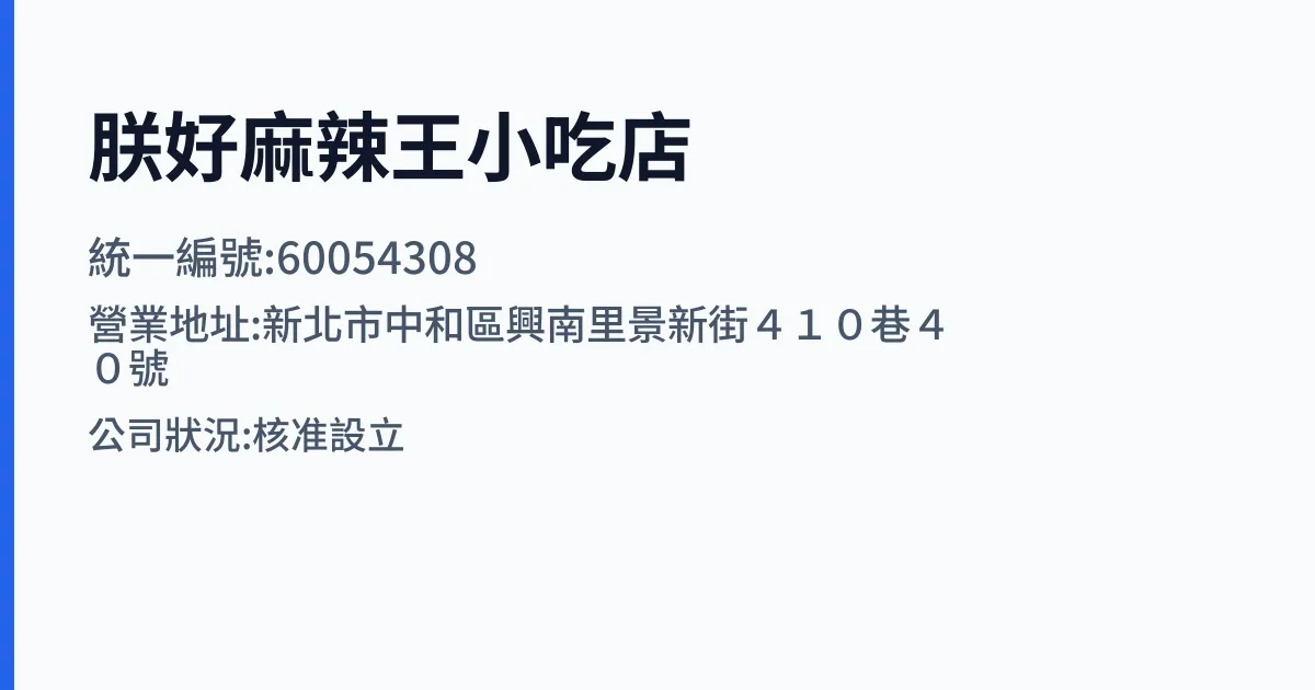 朕好麻辣王小吃店 - 統編 60054308(新北市) 公司登記資料與營業項目詳細圖表