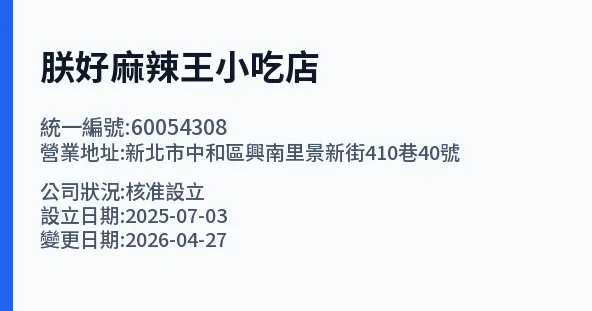 朕好麻辣王小吃店的照片-統編 60054308(新北市) 公司登記資料與營業項目詳細圖表