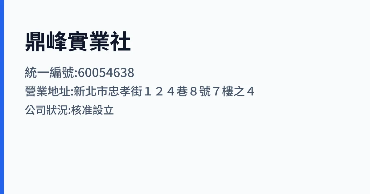 鼎峰實業社 - 統編 60054638(新北市) 公司登記資料與營業項目詳細圖表