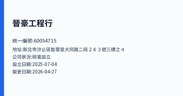晉豪工程行的照片-統編 60054715(新北市) 公司登記資料與營業項目詳細圖表