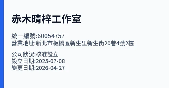 赤木晴梓工作室的照片-統編 60054757(新北市) 公司登記資料與營業項目詳細圖表
