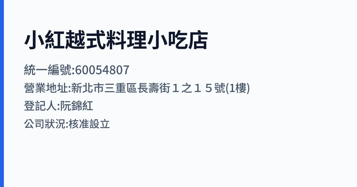 小紅越式料理小吃店 - 統編 60054807（新北市） 公司登記資料與營業項目詳細圖表