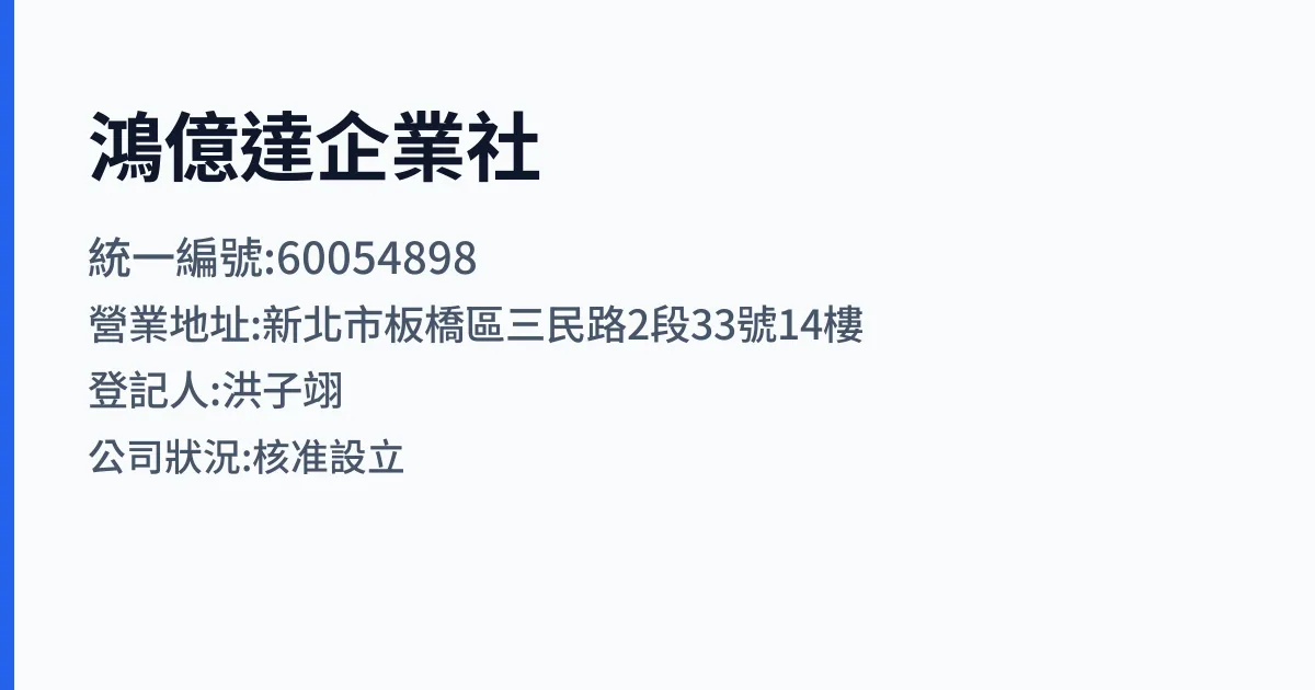 鴻億達企業社 - 統編 60054898(新北市) 公司登記資料與營業項目詳細圖表