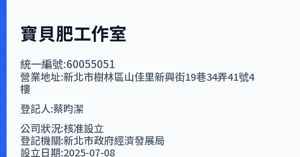 寶貝肥工作室的照片-統編 60055051(新北市) 公司登記資料與營業項目詳細圖表
