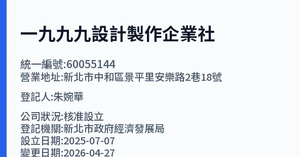 一九九九設計製作企業社的照片-統編 60055144(新北市) 公司登記資料與營業項目詳細圖表