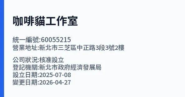 咖啡貓工作室的照片-統編 60055215(新北市) 公司登記資料與營業項目詳細圖表