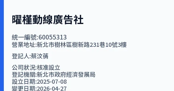 曜槿動線廣告社的照片-統編 60055313(新北市) 公司登記資料與營業項目詳細圖表