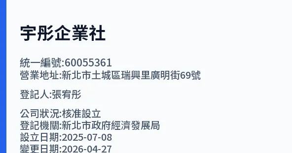 宇彤企業社的照片-統編 60055361(新北市) 公司登記資料與營業項目詳細圖表