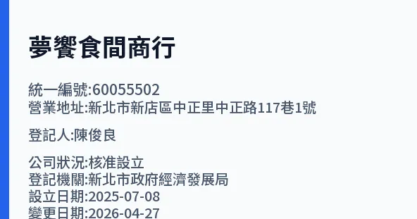 夢饗食間商行的照片-統編 60055502(新北市) 公司登記資料與營業項目詳細圖表