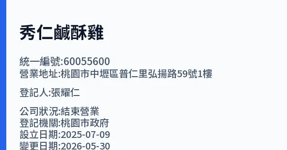 秀仁鹹酥雞的照片-統編 60055600(桃園市) 公司登記資料與營業項目詳細圖表