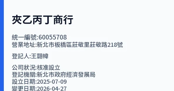 夾乙丙丁商行的照片-統編 60055708(新北市) 公司登記資料與營業項目詳細圖表