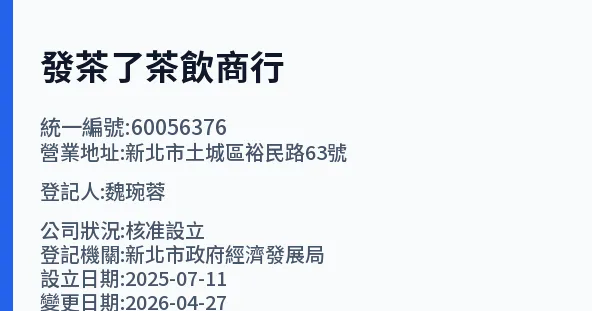 發茶了茶飲商行的照片-統編 60056376(新北市) 公司登記資料與營業項目詳細圖表