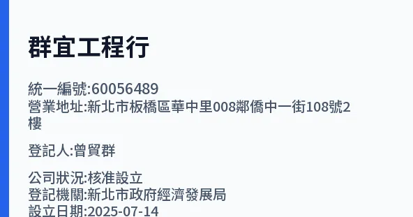 群宜工程行的照片-統編 60056489(新北市) 公司登記資料與營業項目詳細圖表