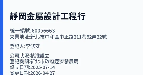 靜岡金屬設計工程行的照片-統編 60056663(新北市) 公司登記資料與營業項目詳細圖表