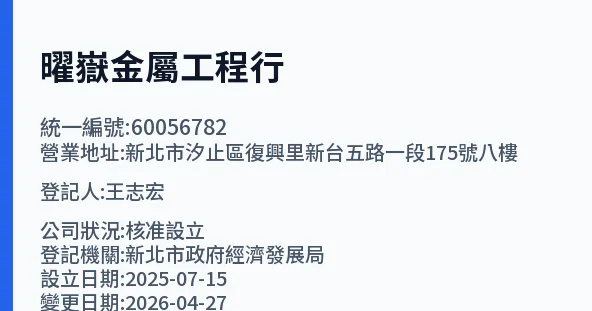 曜嶽金屬工程行的照片-統編 60056782(新北市) 公司登記資料與營業項目詳細圖表