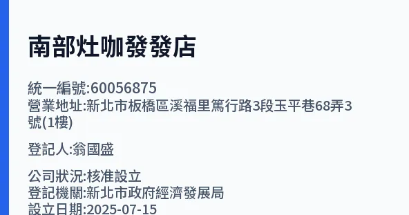 南部灶咖發發店的照片-統編 60056875(新北市) 公司登記資料與營業項目詳細圖表