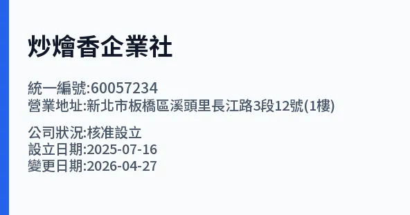 炒燴香企業社的照片-統編 60057234(新北市) 公司登記資料與營業項目詳細圖表