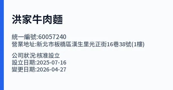 洪家牛肉麵的照片-統編 60057240(新北市) 公司登記資料與營業項目詳細圖表