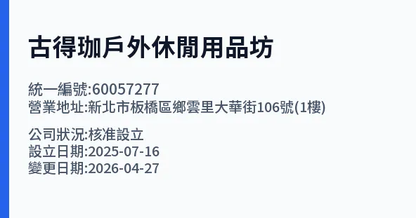 古得珈戶外休閒用品坊的照片-統編 60057277(新北市) 公司登記資料與營業項目詳細圖表