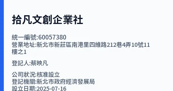 拾凡文創企業社的照片-統編 60057380(新北市) 公司登記資料與營業項目詳細圖表
