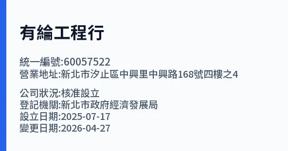 有綸工程行的照片-統編 60057522(新北市) 公司登記資料與營業項目詳細圖表