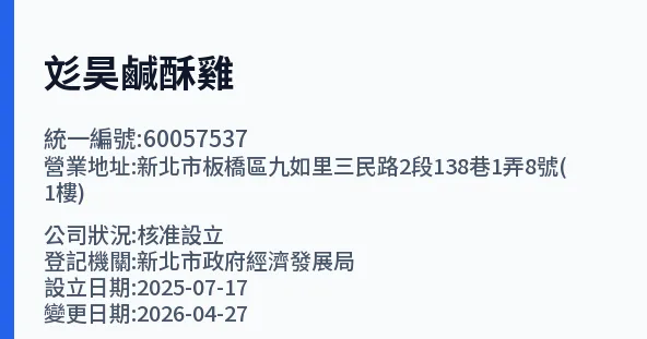 彣昊鹹酥雞的照片-統編 60057537(新北市) 公司登記資料與營業項目詳細圖表