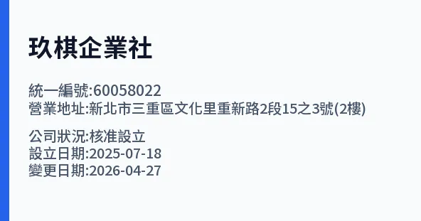 玖棋企業社的照片-統編 60058022(新北市) 公司登記資料與營業項目詳細圖表