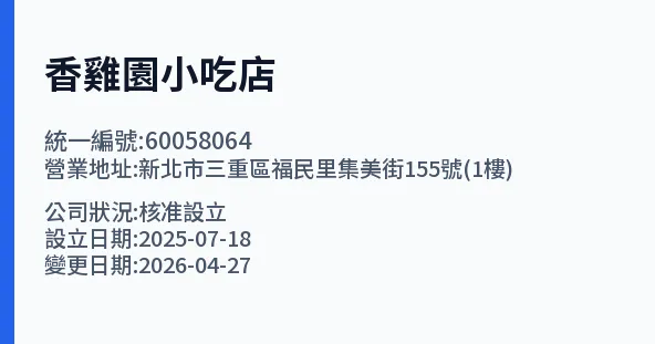 香雞園小吃店的照片-統編 60058064(新北市) 公司登記資料與營業項目詳細圖表