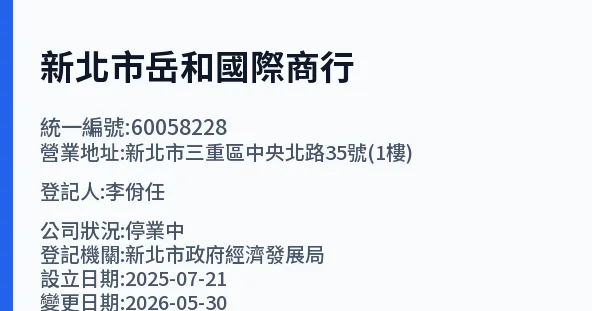 新北市岳和國際商行的照片-統編 60058228(新北市) 公司登記資料與營業項目詳細圖表
