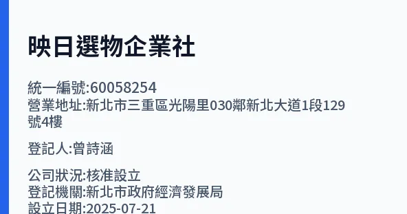 映日選物企業社的照片-統編 60058254(新北市) 公司登記資料與營業項目詳細圖表