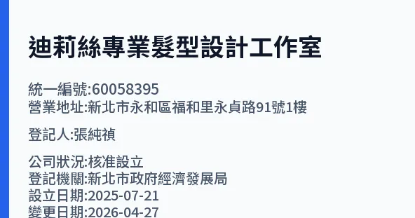 迪莉絲專業髮型設計工作室的照片-統編 60058395(新北市) 公司登記資料與營業項目詳細圖表